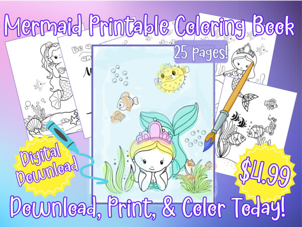 Mermaid Under the Sea Printable Coloring Book for Kids Digital Download ...
